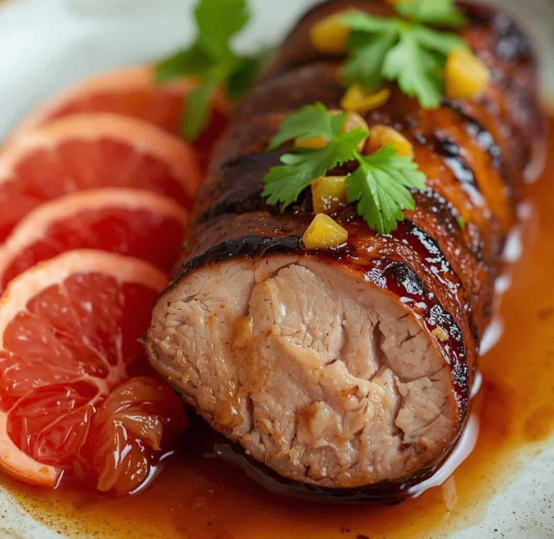 Maple Glazed Pork with ginger, coriander and pink grapefruit
